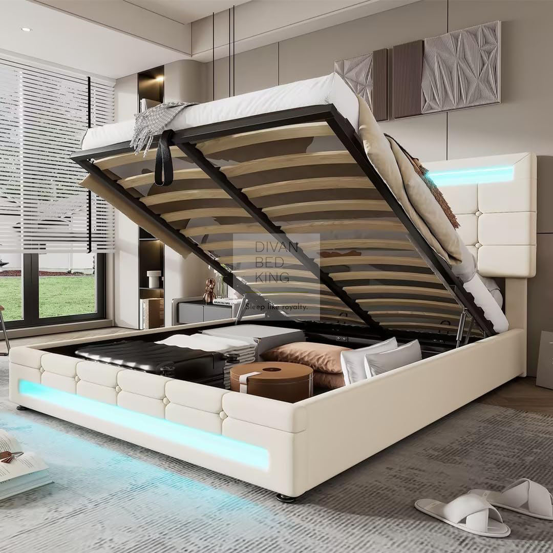 Rochelle Soft Beige Velvet Fabric LED Ottoman Storage Bed Frame – Divan Beds UK