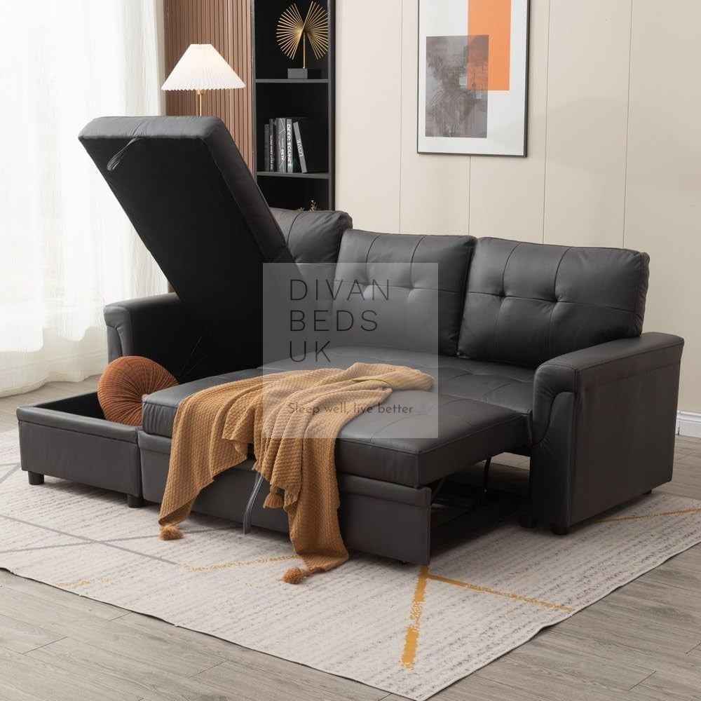 Sarai Black Leather 4 Seater Ottoman Storage Corner L Shape Sofa Bed w – Divan Beds UK