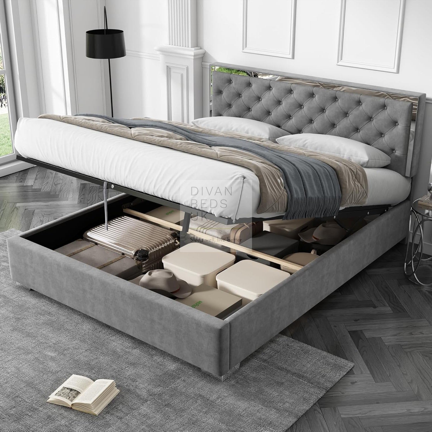 Benitez Grey Plush Velvet Steel Reflection Bed Ottoman Storage Bed – Divan Beds UK