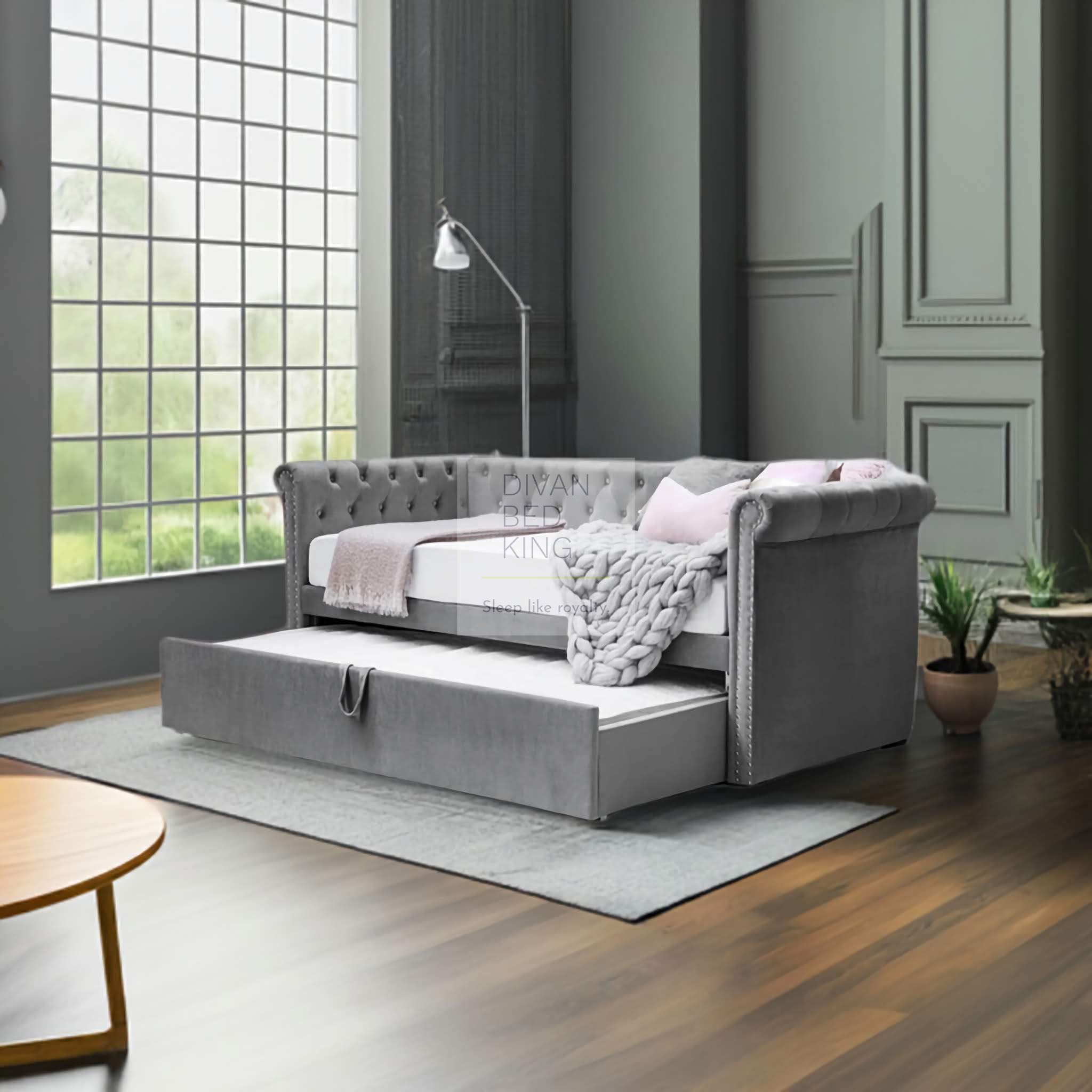 Kefeira 3 Seater Grey Plush Velvet Pull Out Sofa Bed Couch Daybed Trun ...