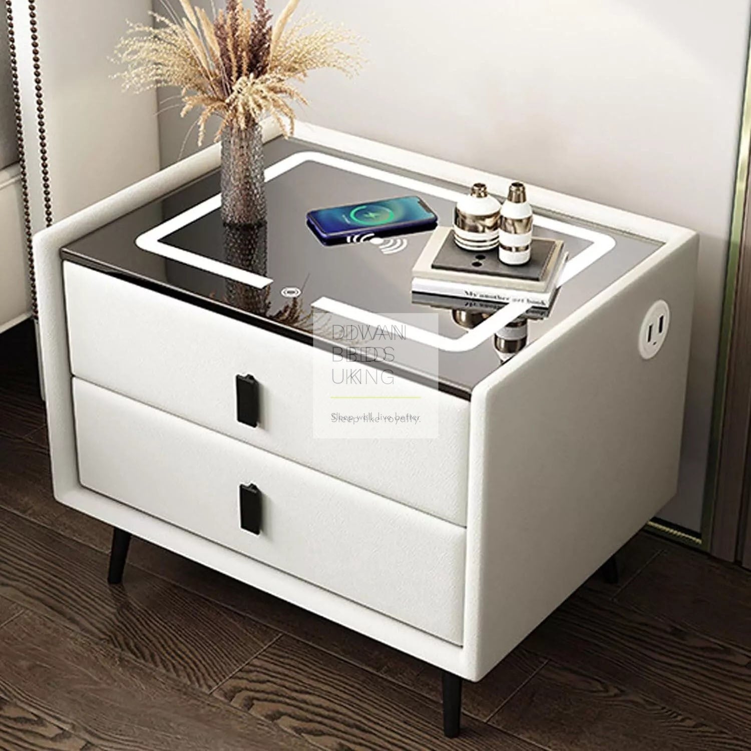 Elara White 2 Drawer Smart LED Bedside Table with USB, Type C and Wire ...