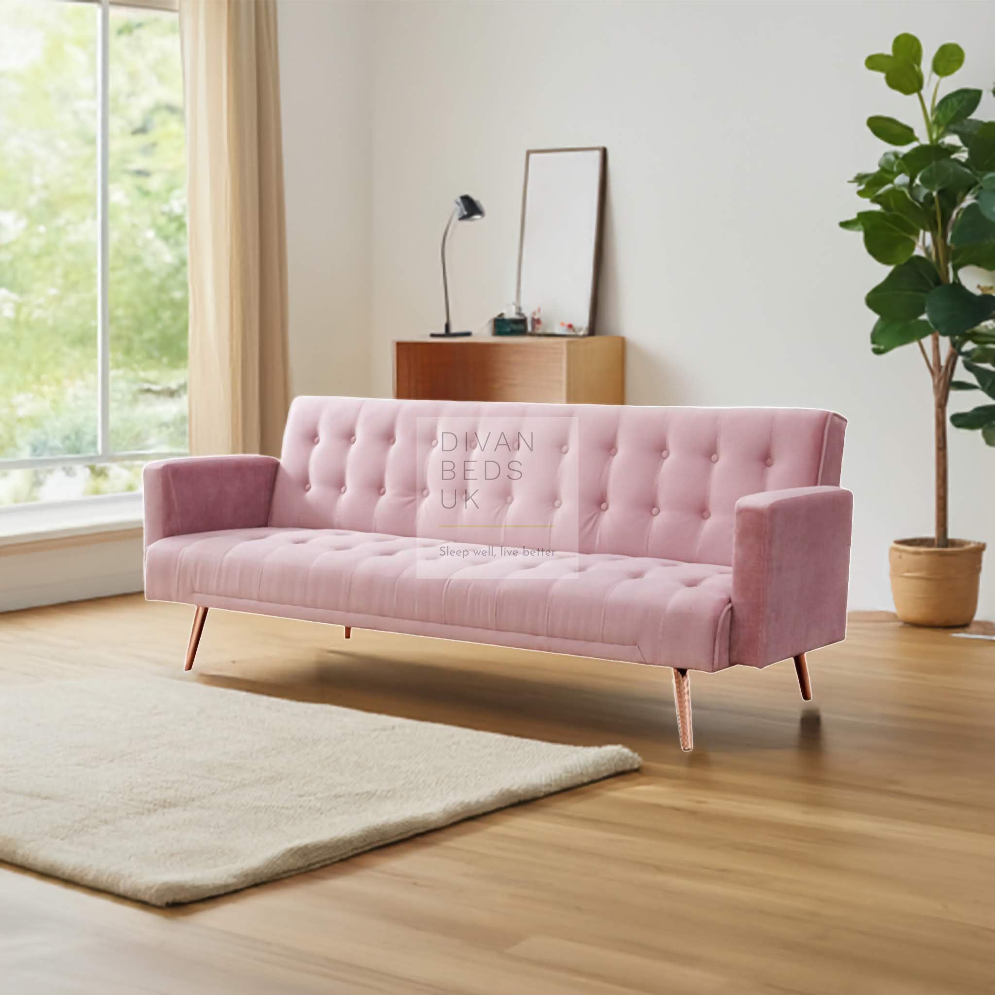 Solera Pink Plush Velvet Sofa Bed with Rose Gold Legs – Divan Beds UK