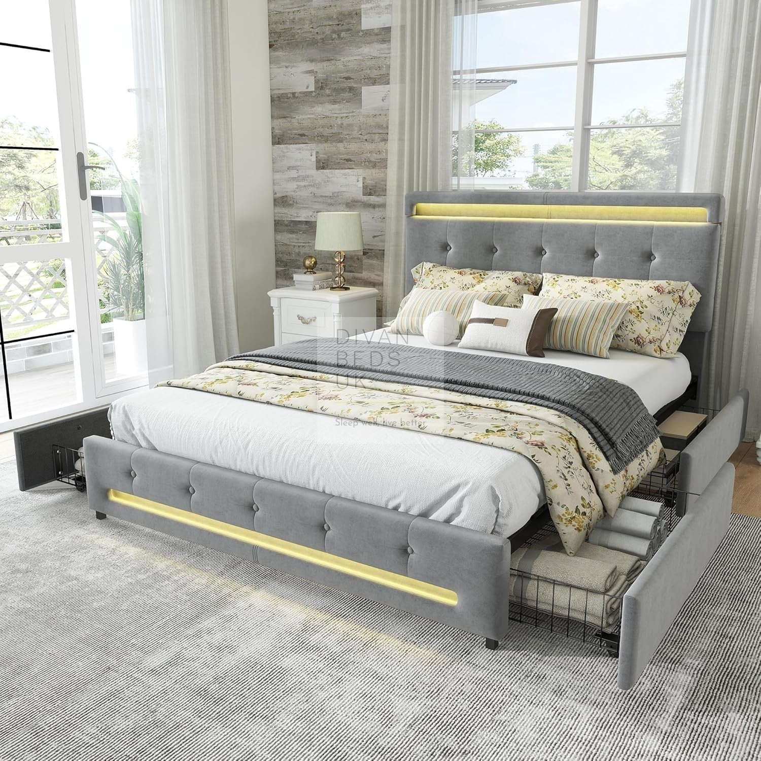 Perdadossu 4 Drawer Storage Grey Velvet Smart Bed with LED Lights ...
