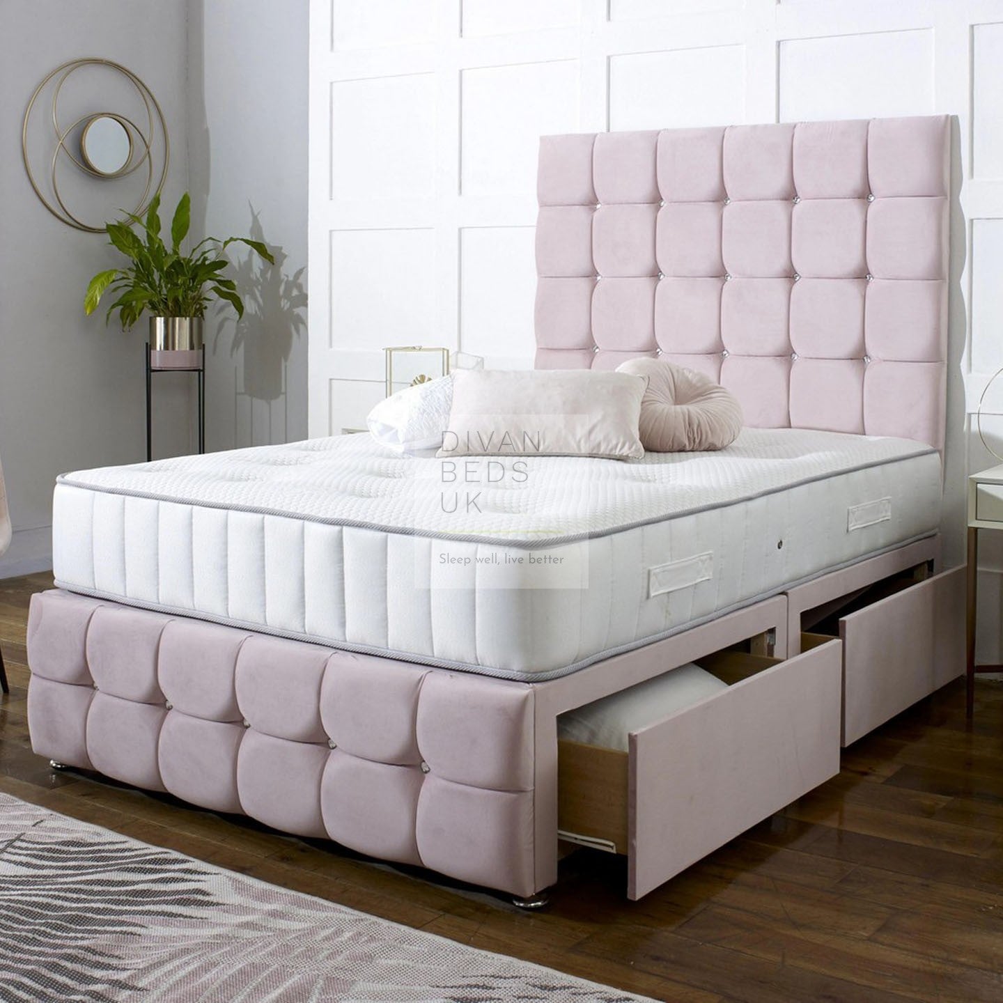 Aeiress Pink Cube Designer Divan Bed With Luxury Headboard and Footboa ...