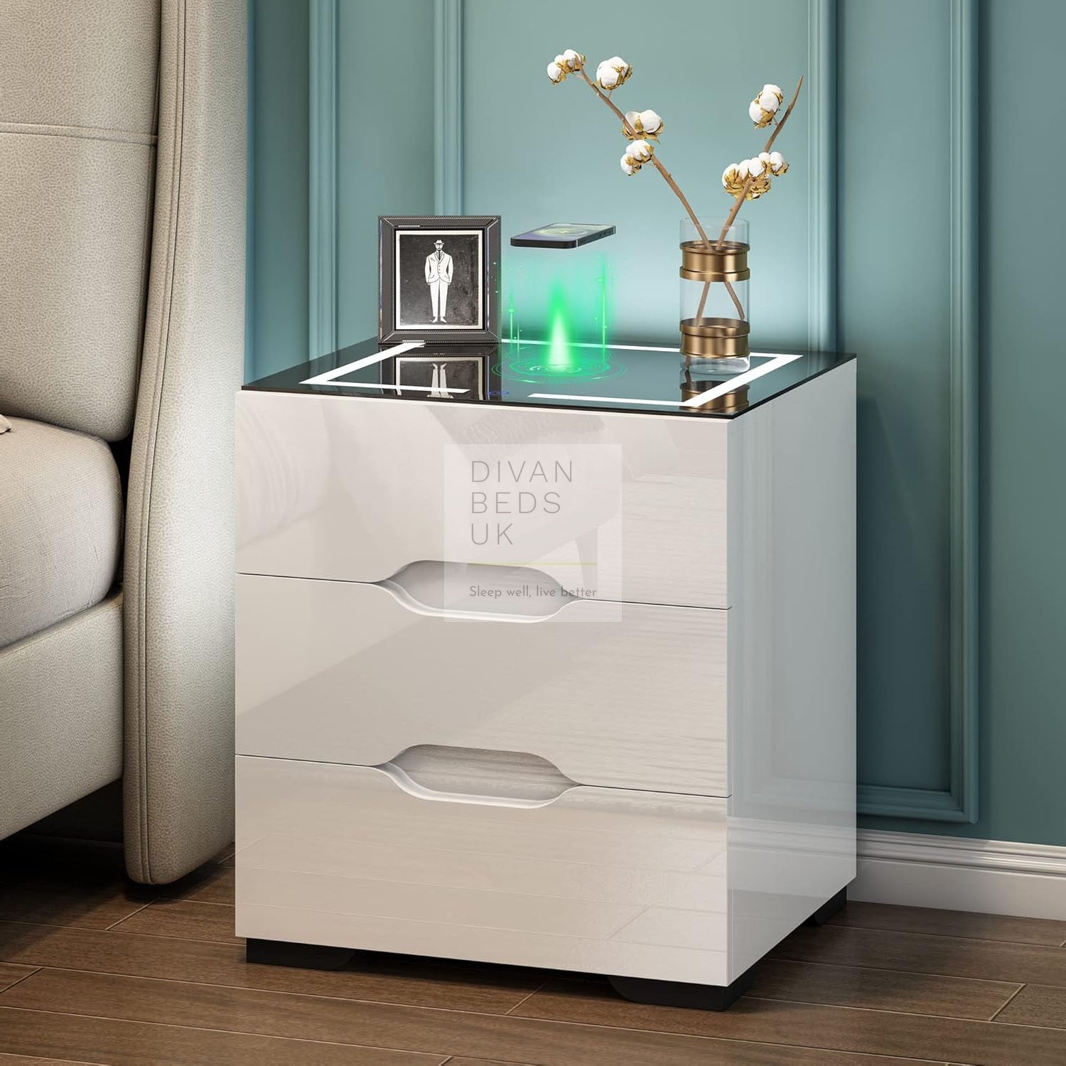 Barrera 3 Drawer White High Gloss Smart LED Bedside Table with USB and ...