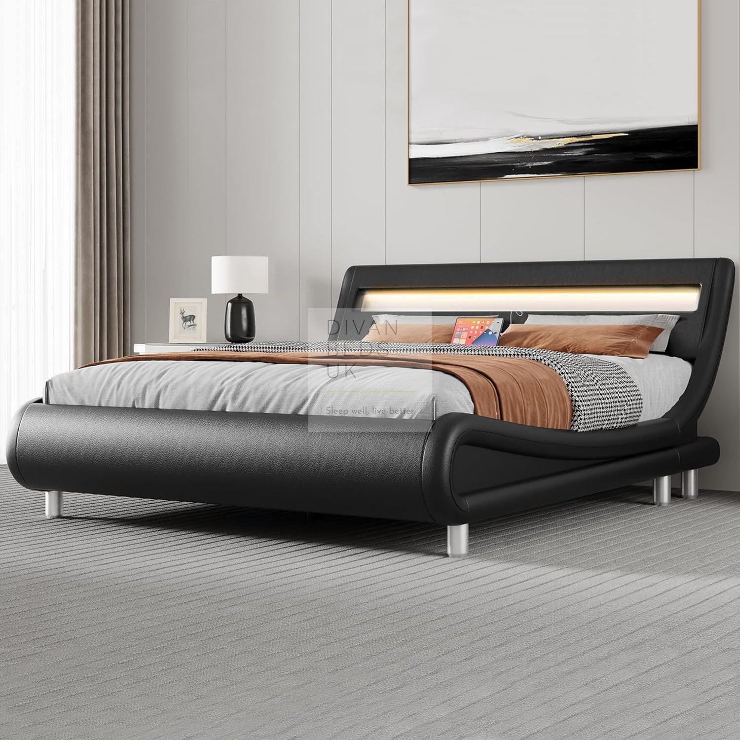 Volo Italian Modern LED Black Leather Bed with Power Outlet, USB & Typ ...