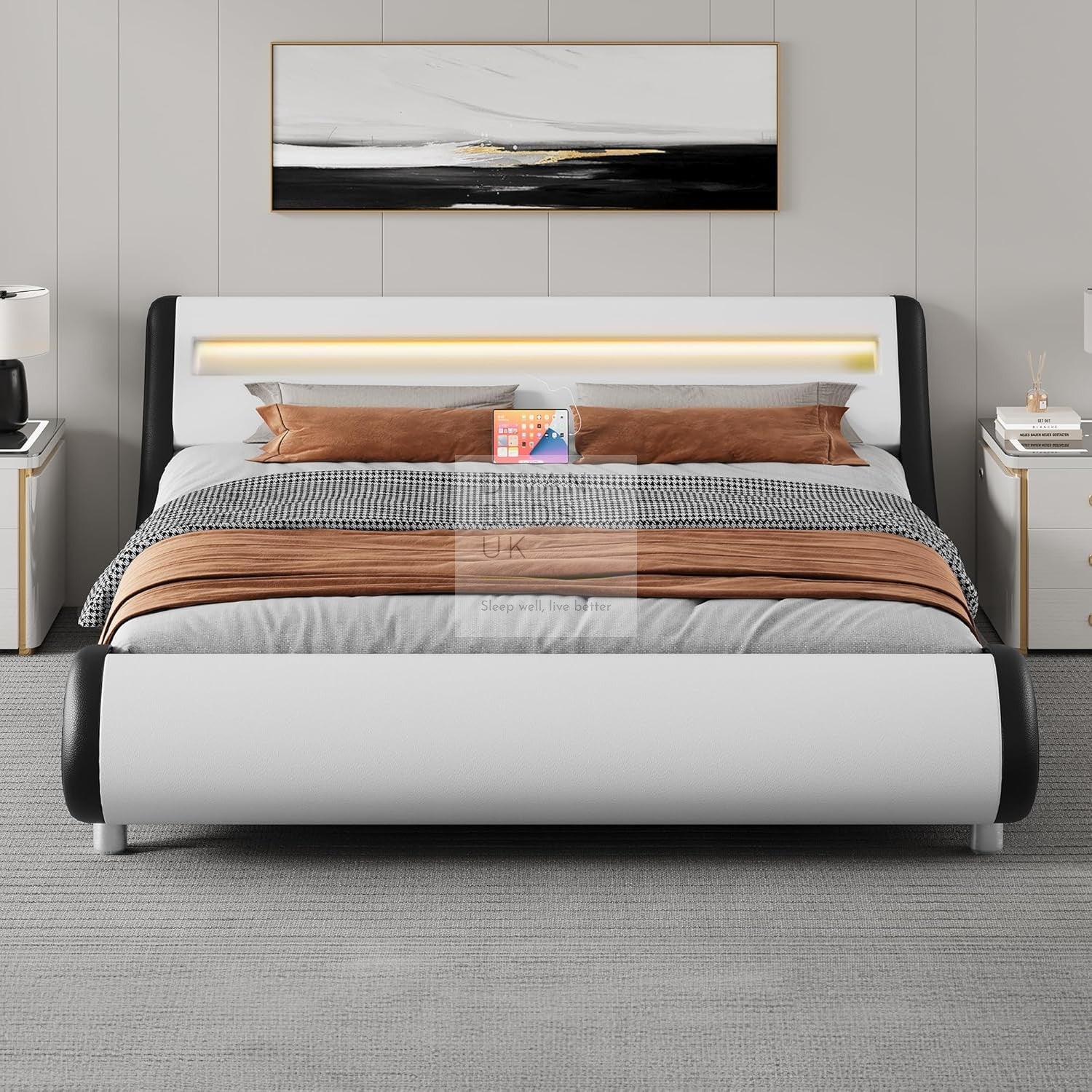 Volo Italian Modern LED White & Black Leather Bed with Power Outlet, U ...
