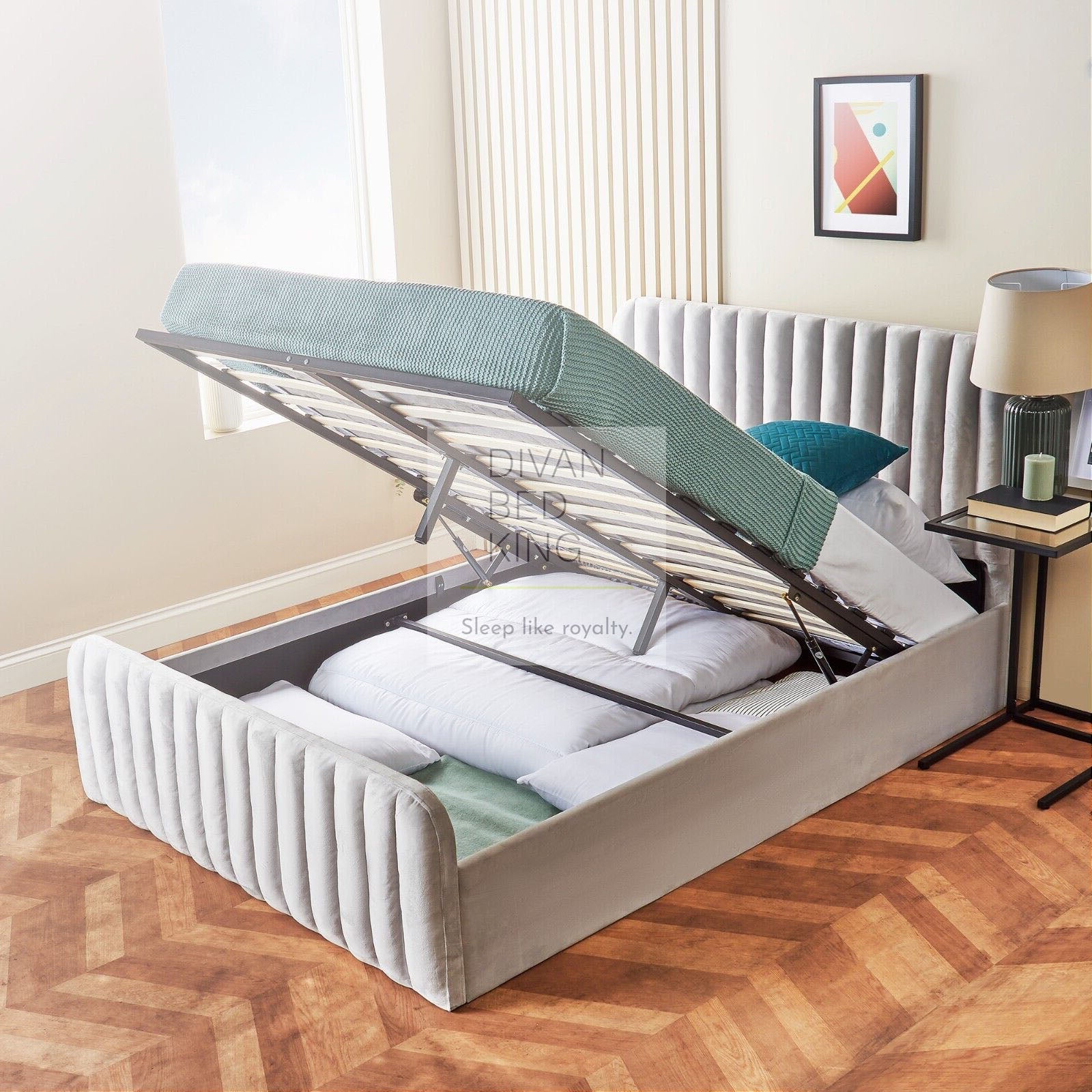 Stripe Plus Alexis Light Grey Velvet Ottoman Storage Bed Frame – Divan ...