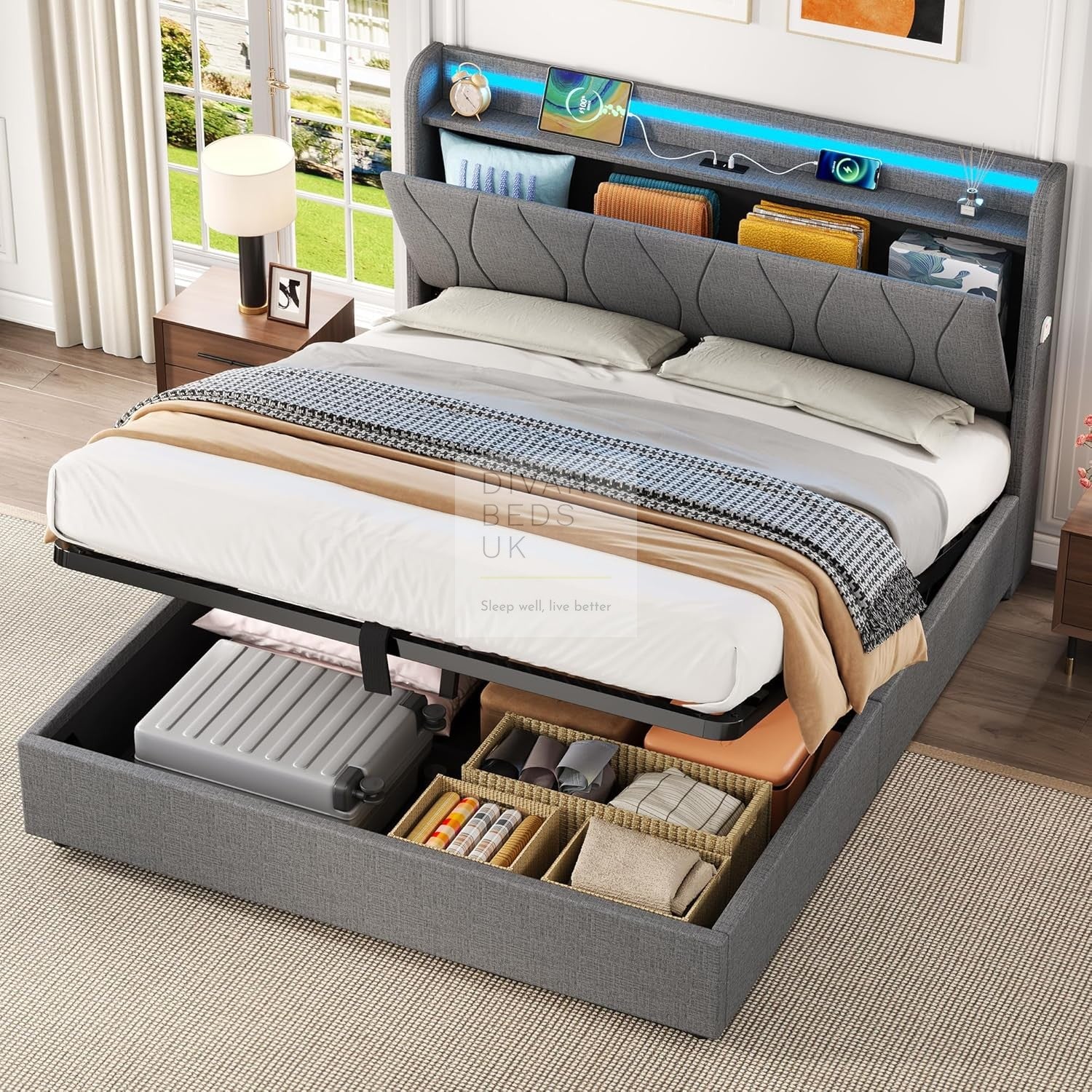 Naya Grey Linen Ottoman Storage Bed with LED Lights, Type C and USB Ch ...