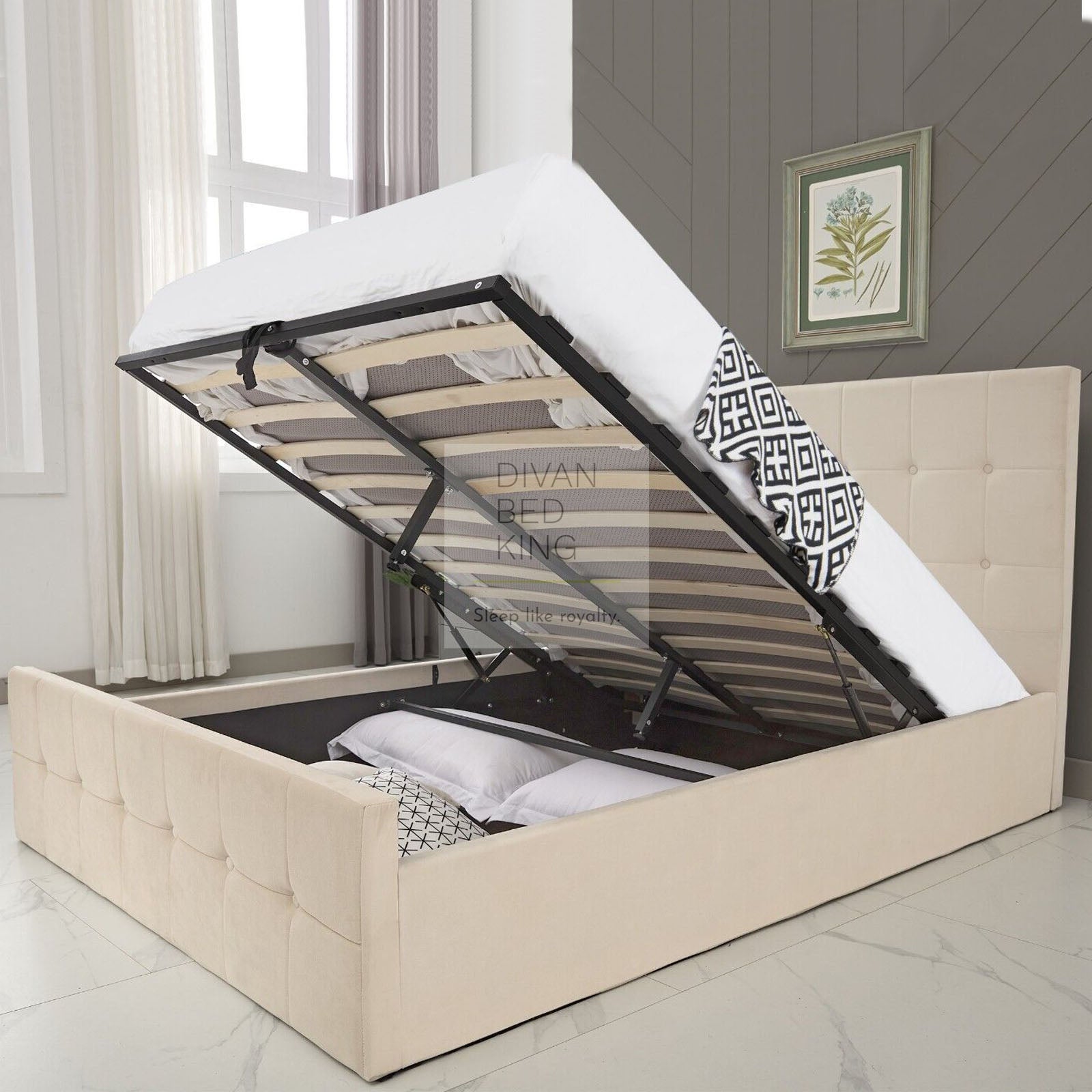 Maria Ottoman Beige Velvet Upholstered Bed Frame Storage End Lift ...