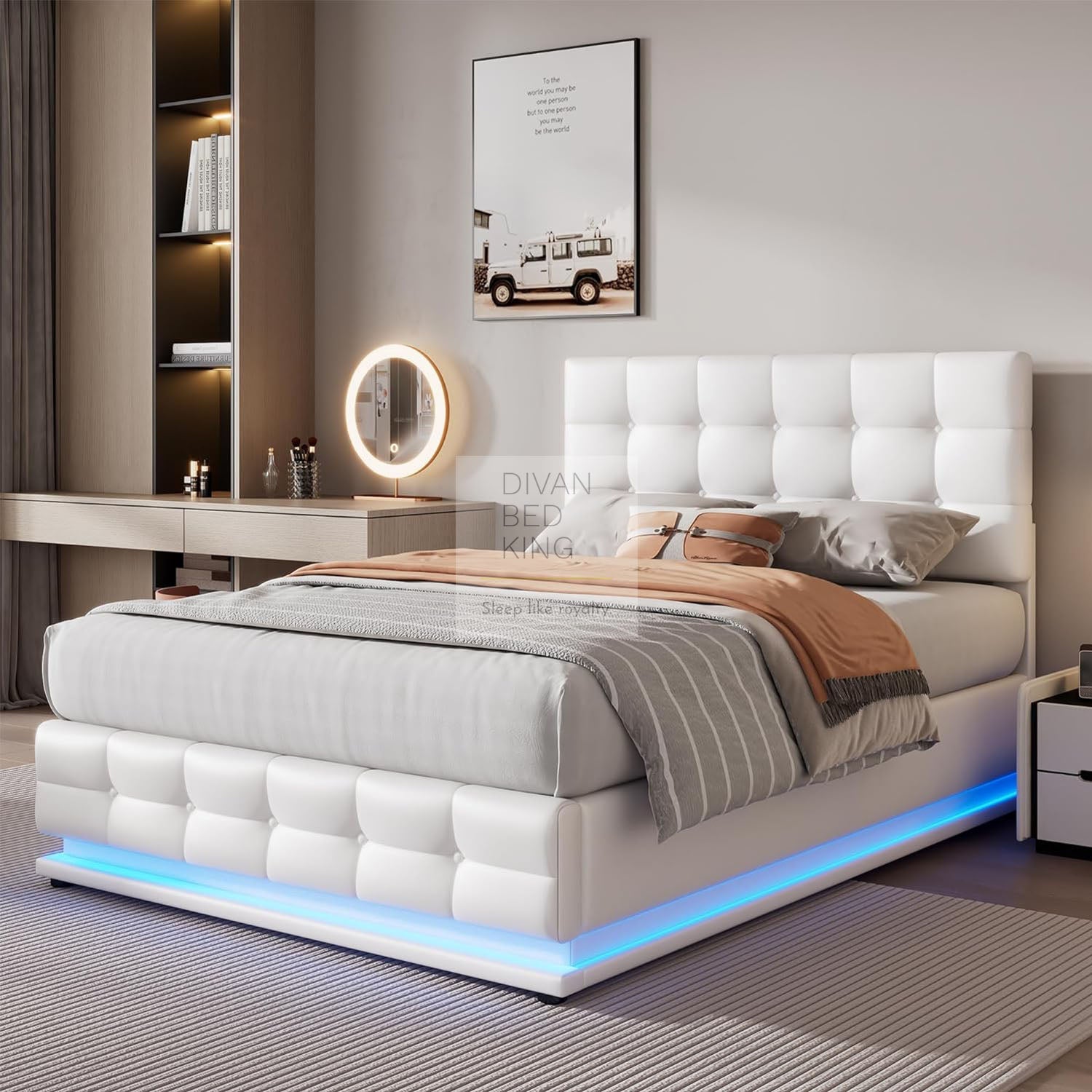 Alessio White Leather LED Ottoman Storage Bed with Adjustable Headboar ...
