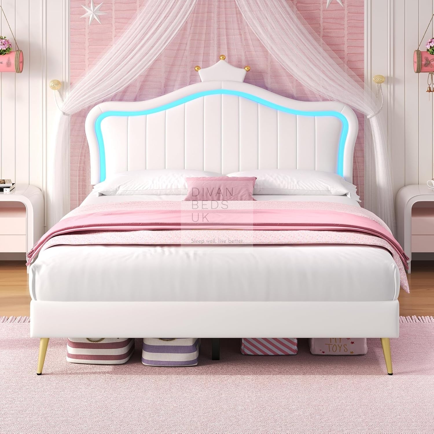 Princess Italian White Leather Modern LED Smart Bed with Adjustable He ...