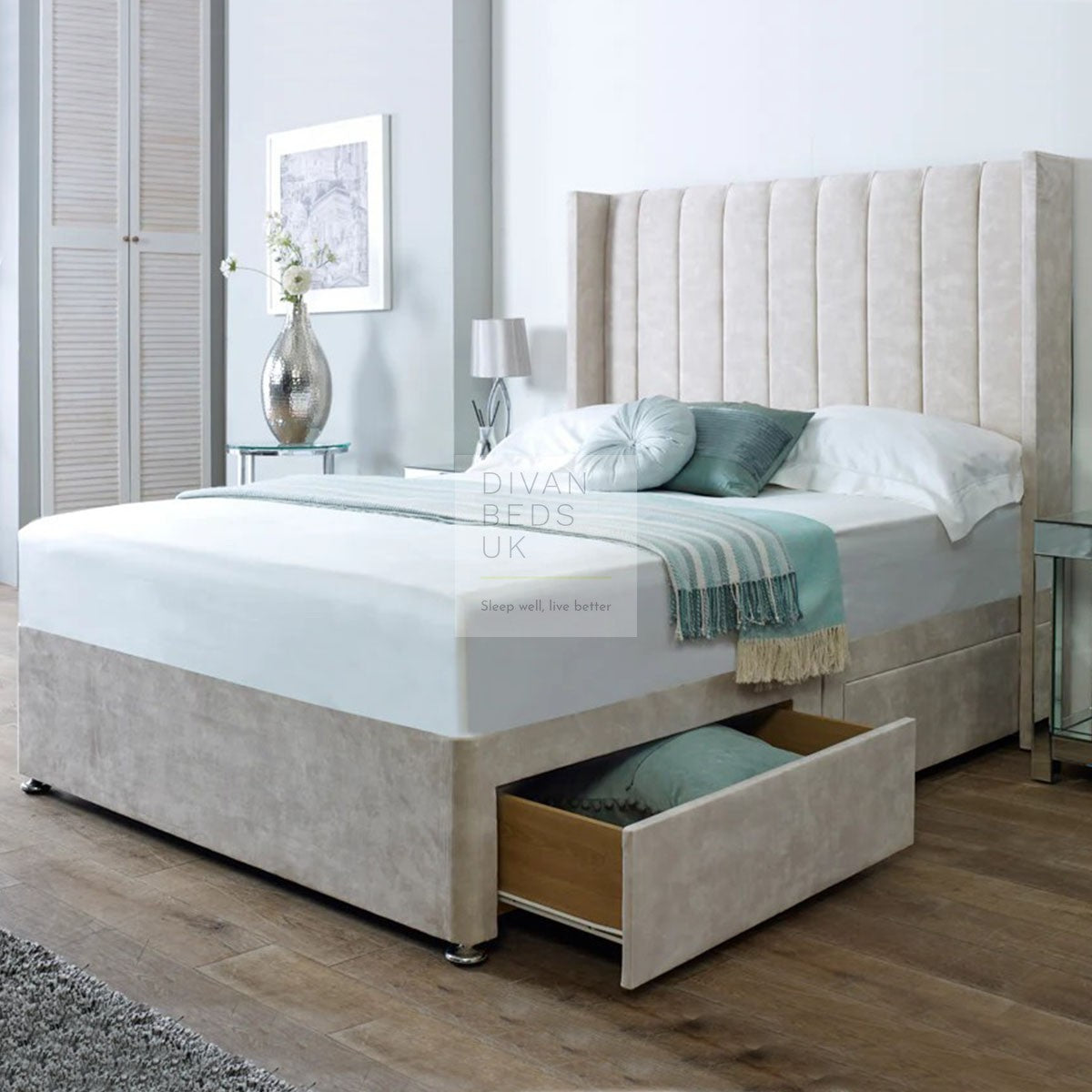 Anna Wing Divan Bed with Luxury Panel Stripe Wingback Headboard – Divan ...