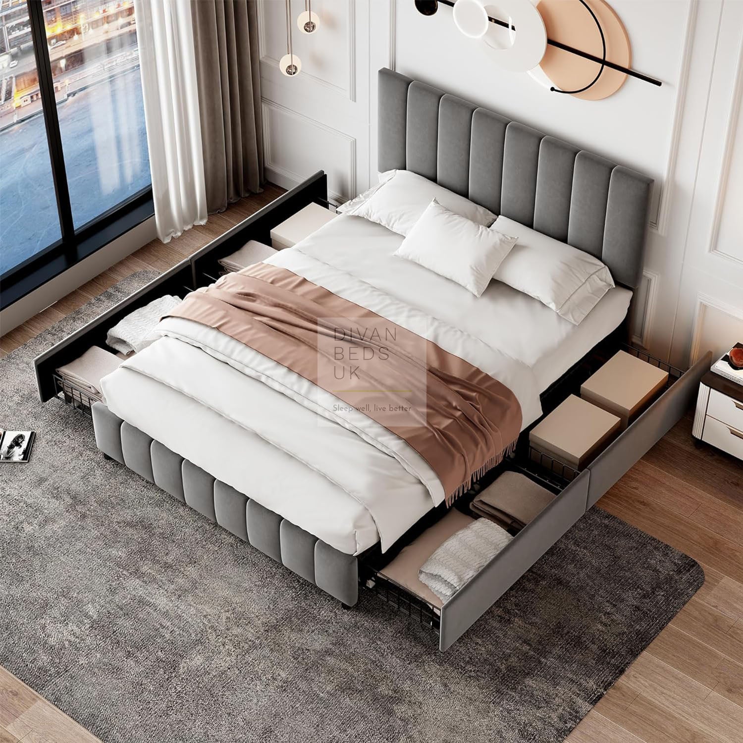 Katalina 4 Drawer Soft Grey Matt Plush Velvet Bed with Adjustable Head ...