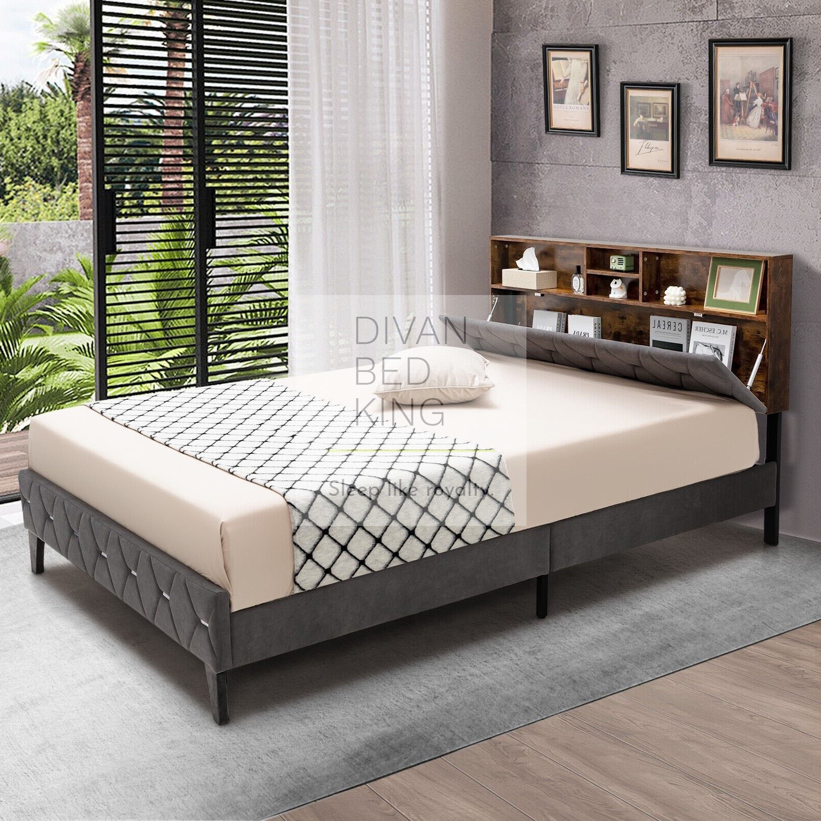 Vangogh Grey Plush Velvet Bed Frame with Headboard Storage Shelves ...