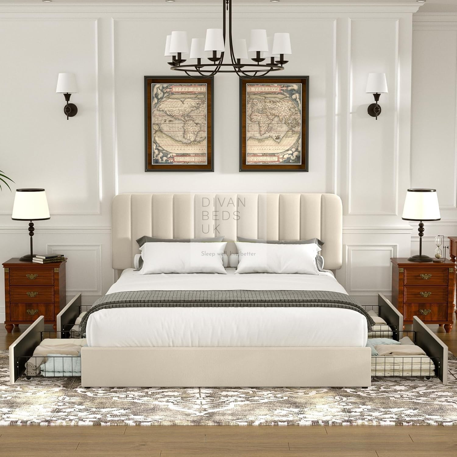 Serava 4ft6 Double Beige Plush Velvet 4 Drawer Bed with Adjustable Hea ...