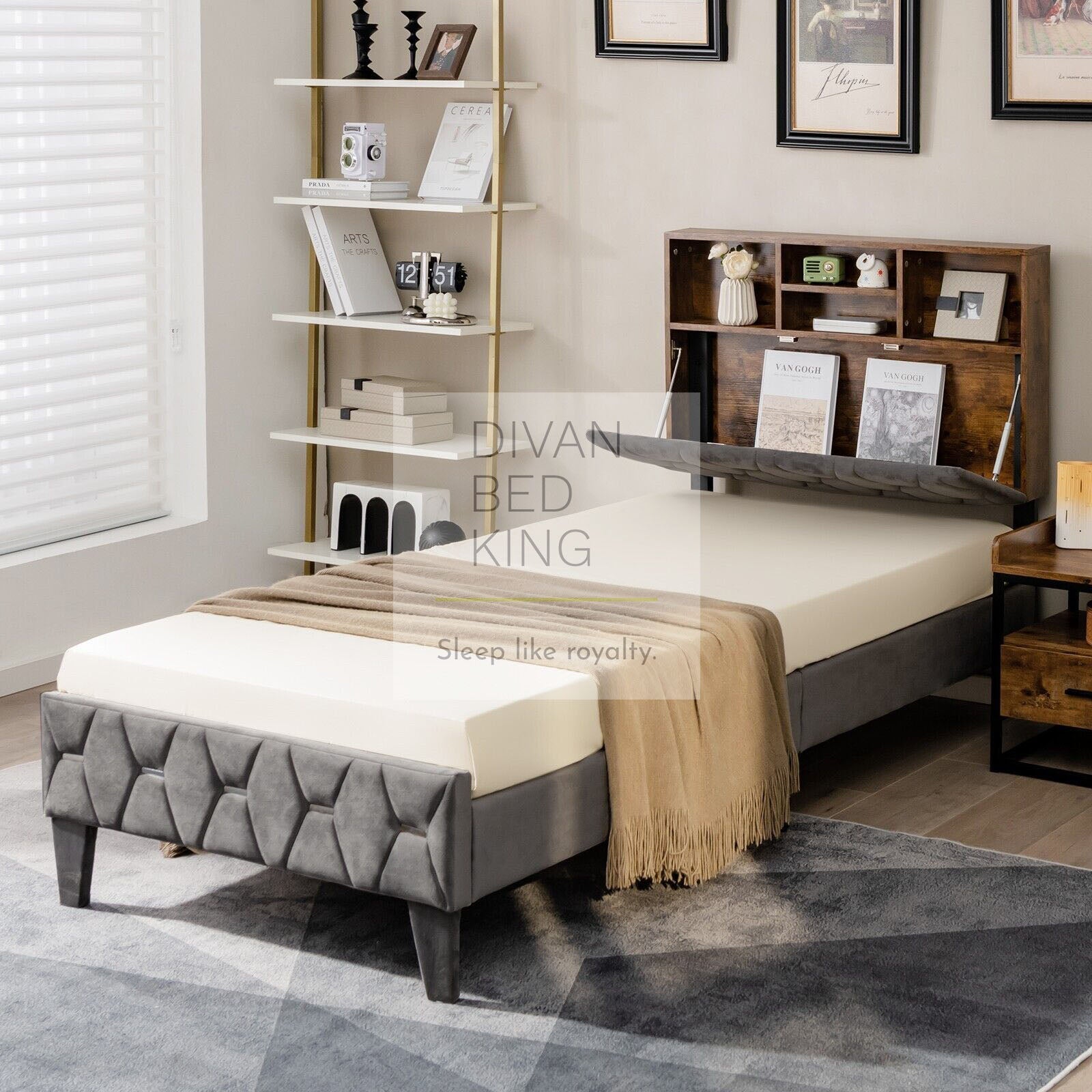 Vangogh 3ft Single Grey Plush Velvet Bed Frame with Headboard Storage ...