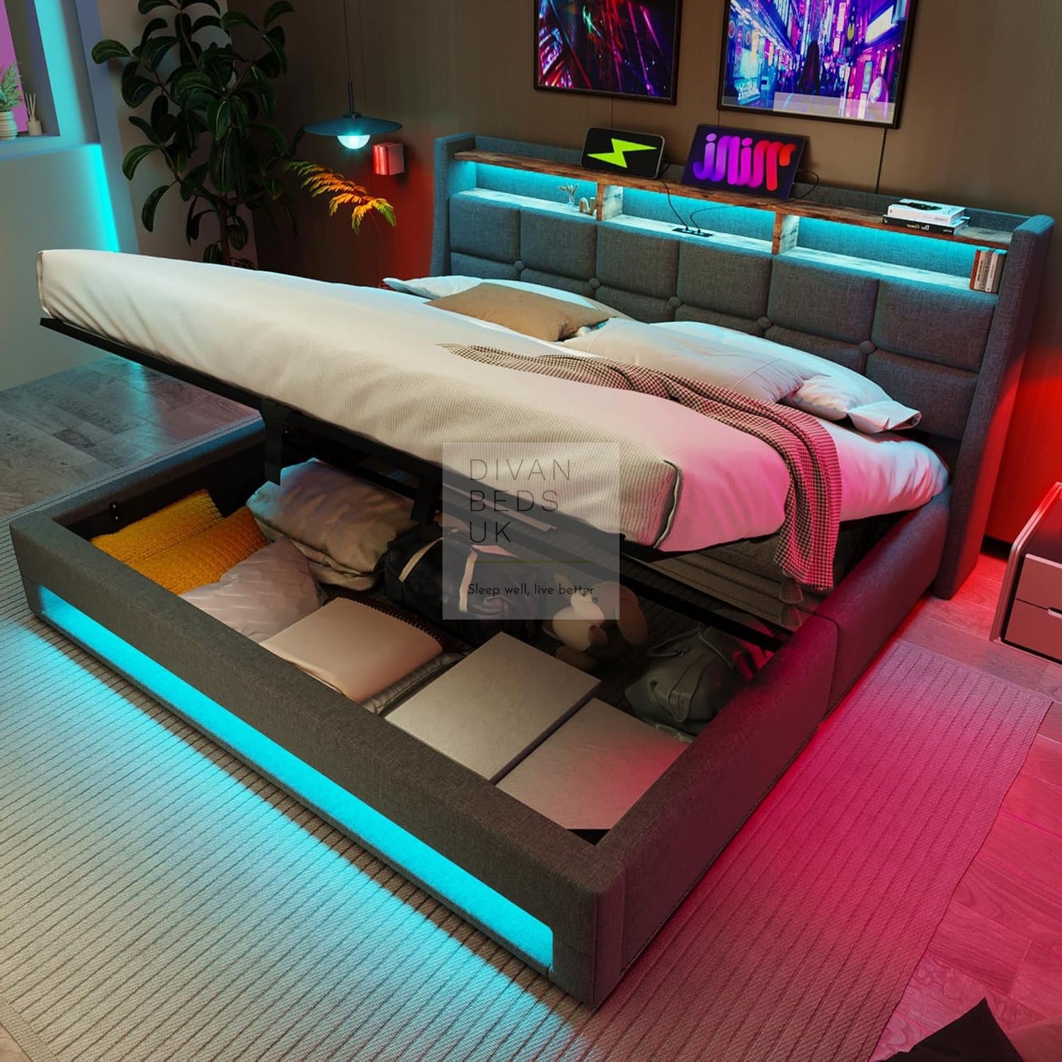 Solana Grey Linen Ottoman Storage Smart Bed with Type C, USB & Wireles ...