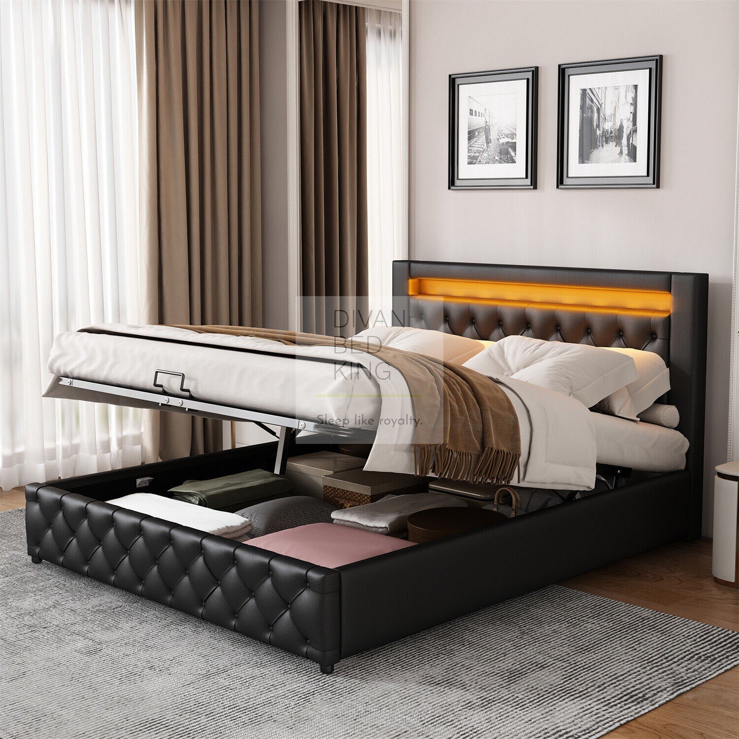 Santiago LED 4ft6 Double Black Leather Ottoman Storage Bed – Divan Beds UK