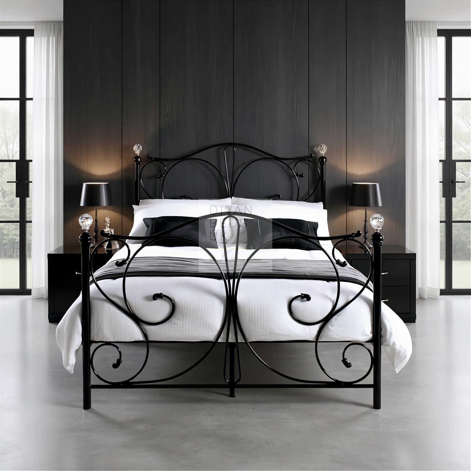 Rosella Crystal Finial Black Metal Bed with Footboard and Optional Dra ...