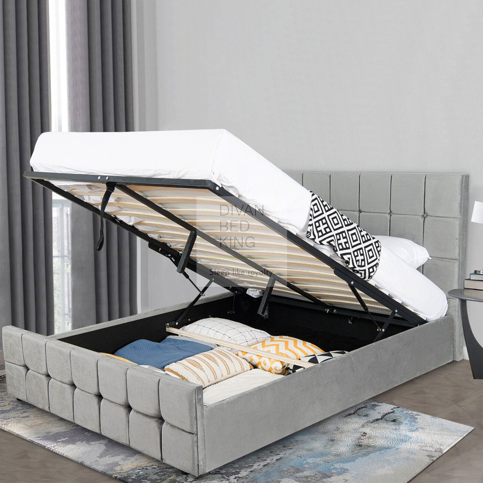 Maria Ottoman Grey Upholstered Bed Frame Storage End Lift – Divan Beds UK