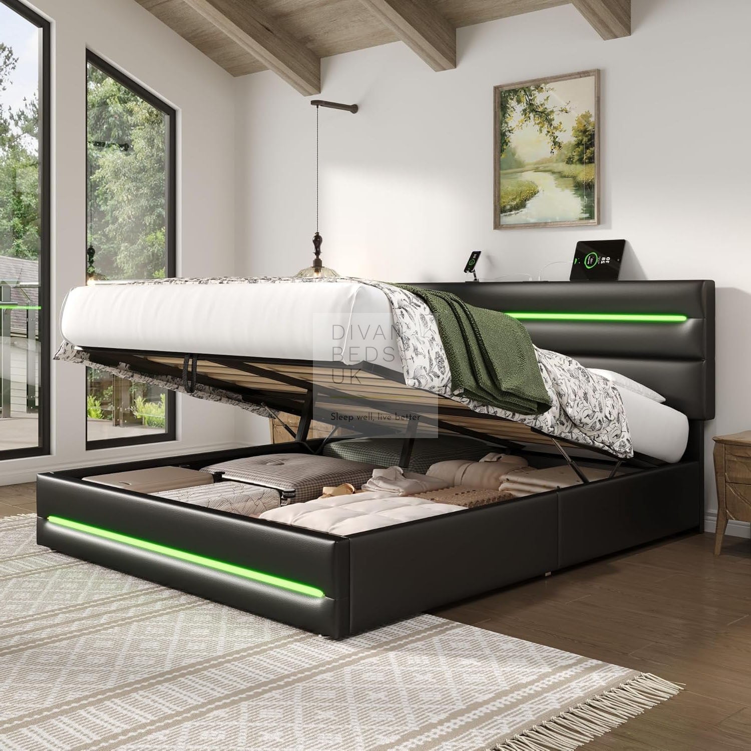 Desulo Black Leather Smart Ottoman Bed with LED Lighting, Type C, and ...