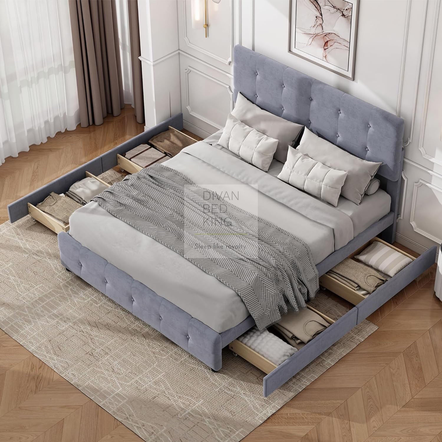 Serava Grey Plush Velvet 4 Drawer Bed with Adjustable Headboard – Divan ...