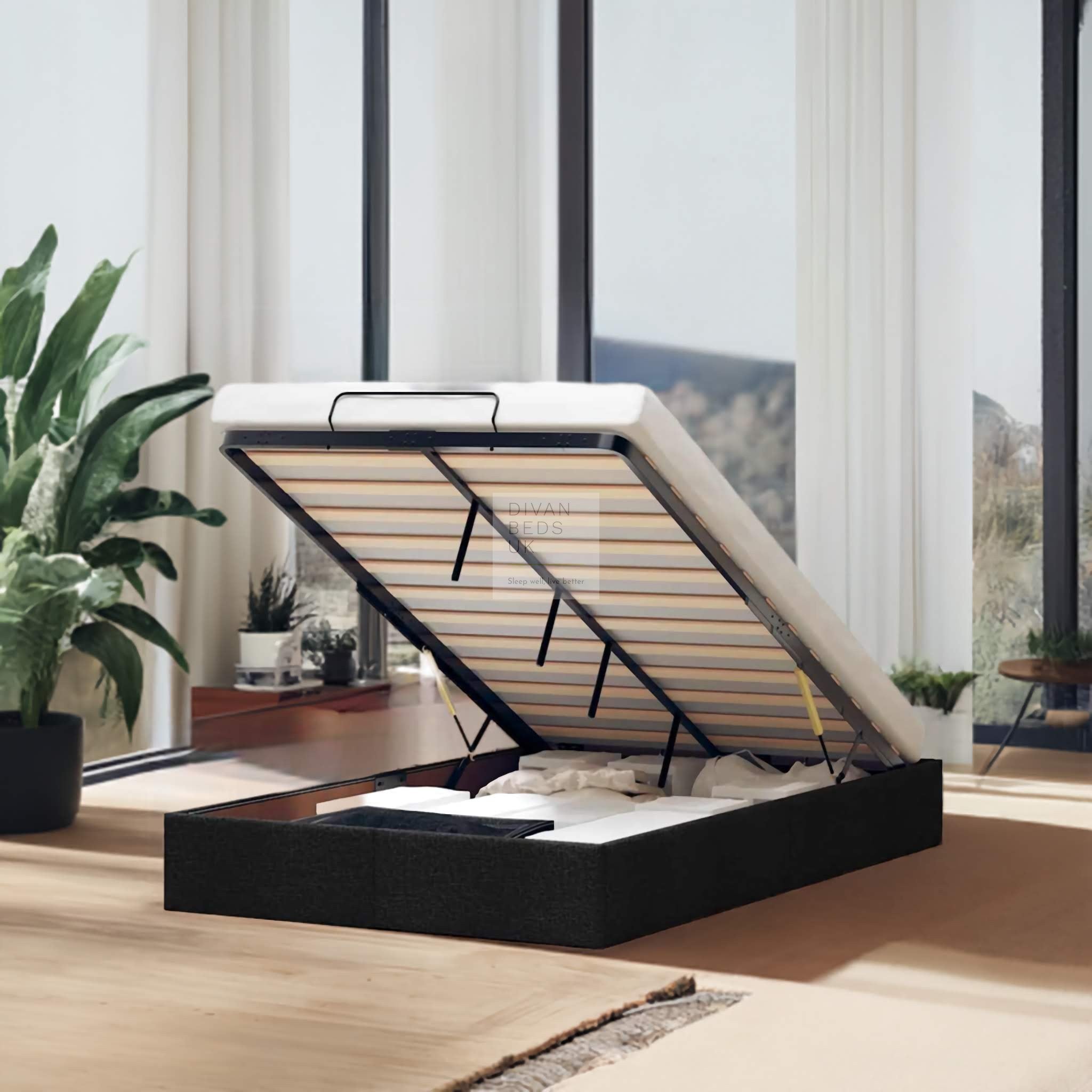 Milani Black Cotton Ottoman Gas Lift Storage Bed Base – Divan Beds UK