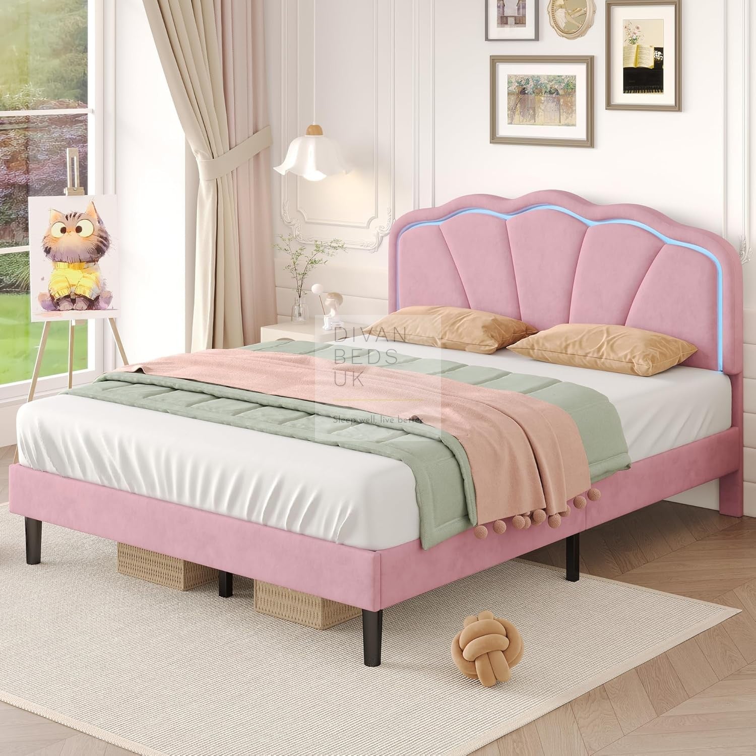 Flora Pink Plush Velvet Bed Frame with Smart RGB LED Lighting – Divan ...