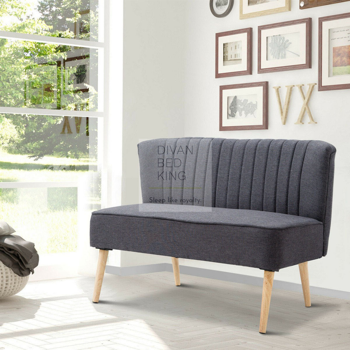 Ria Dark Grey Linen Thick Padded Loveseat Couch Settee with Wooden Leg ...
