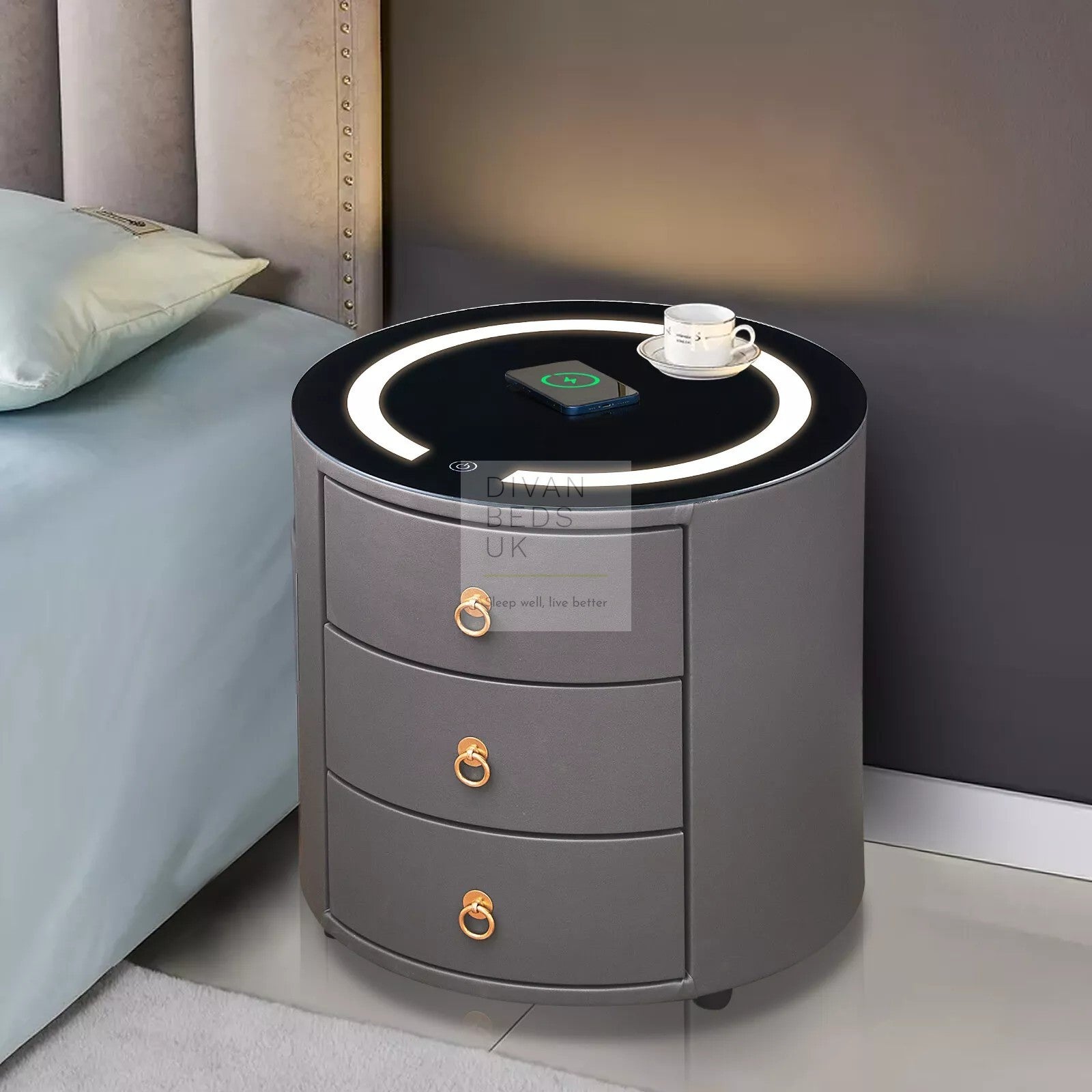 (EX-DISPLAY) Adrastea Grey Leather 3 Drawer Smart LED Bedside Table wi ...