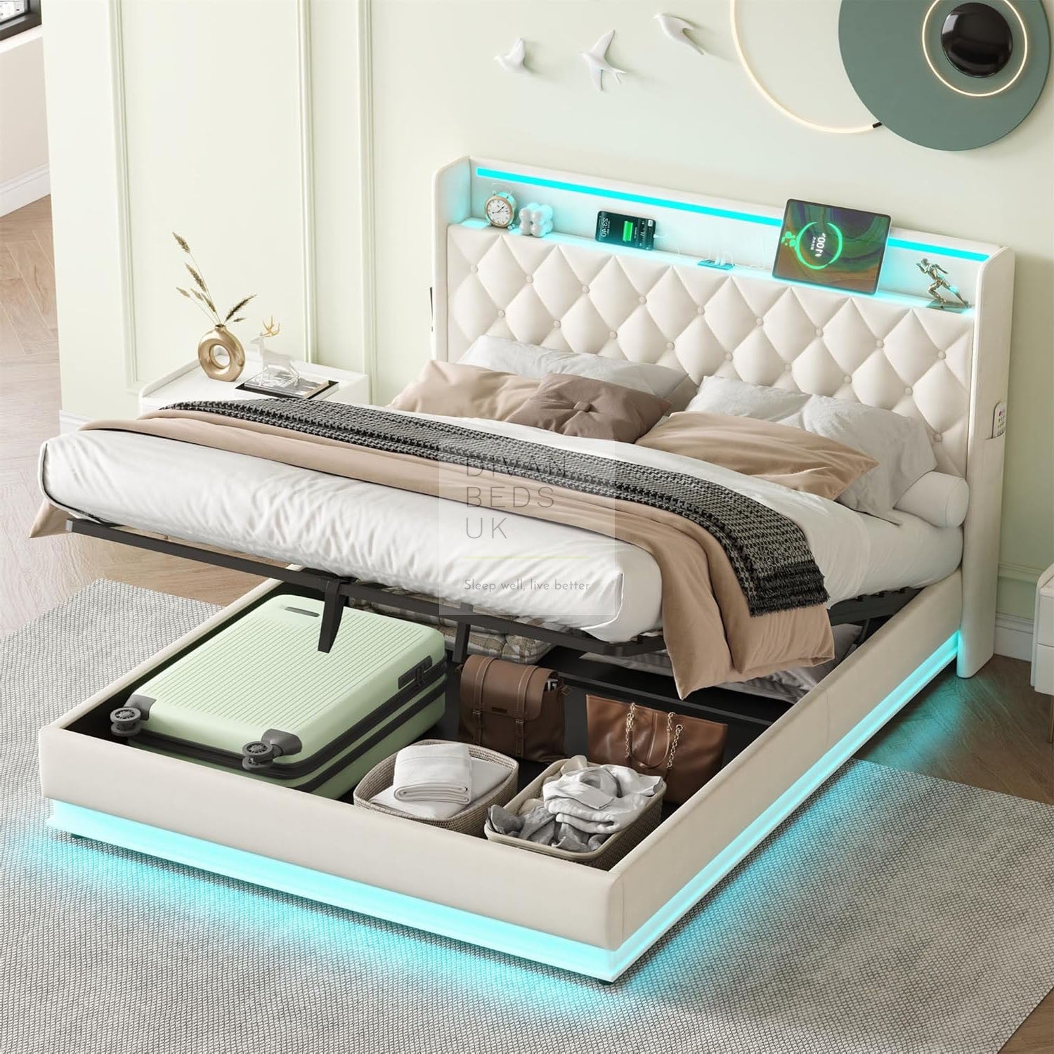 Ravenna Salinas Beige Linen Wingback Ottoman Storage Smart Bed with LE ...