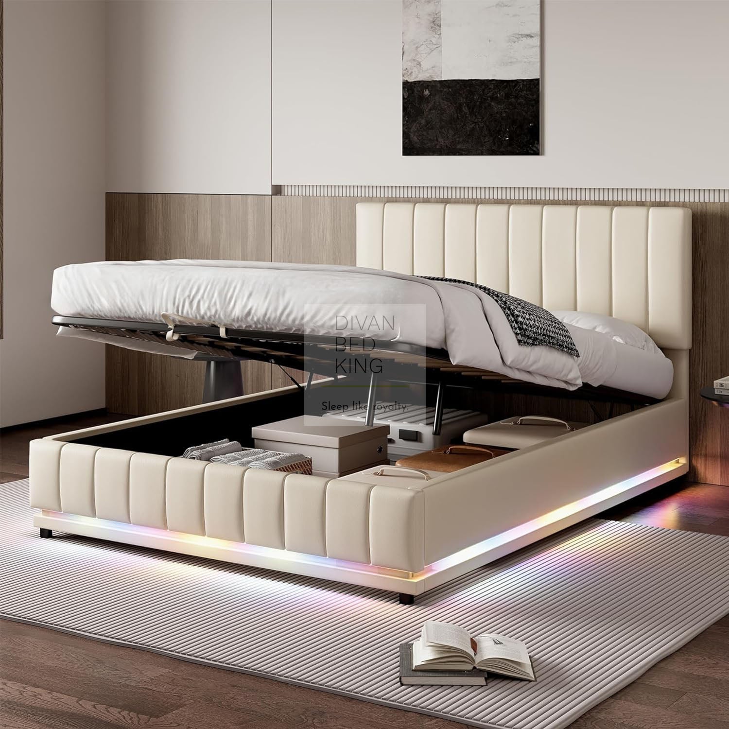 Giuliana Cream Beige Leather LED Ottoman Storage Bed Frame – Divan Beds UK