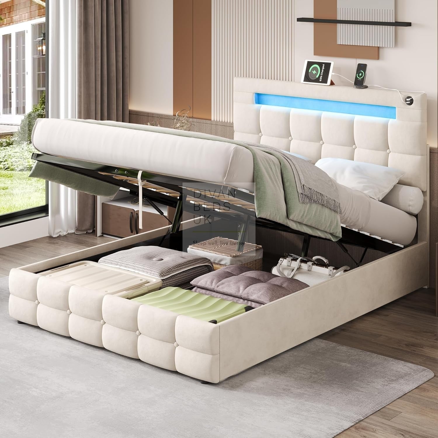 Campania LED Beige Ottoman Storage Bed with LED Lights, USB & Type-C C ...