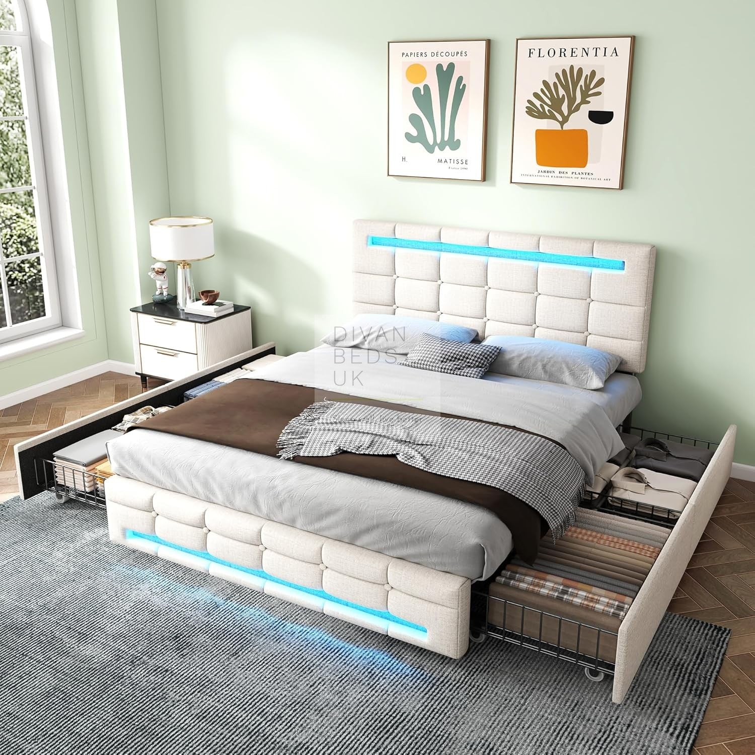 Rogelio 4 Drawer Storage Beige Charcoal Linen Smart Bed with LED Light ...
