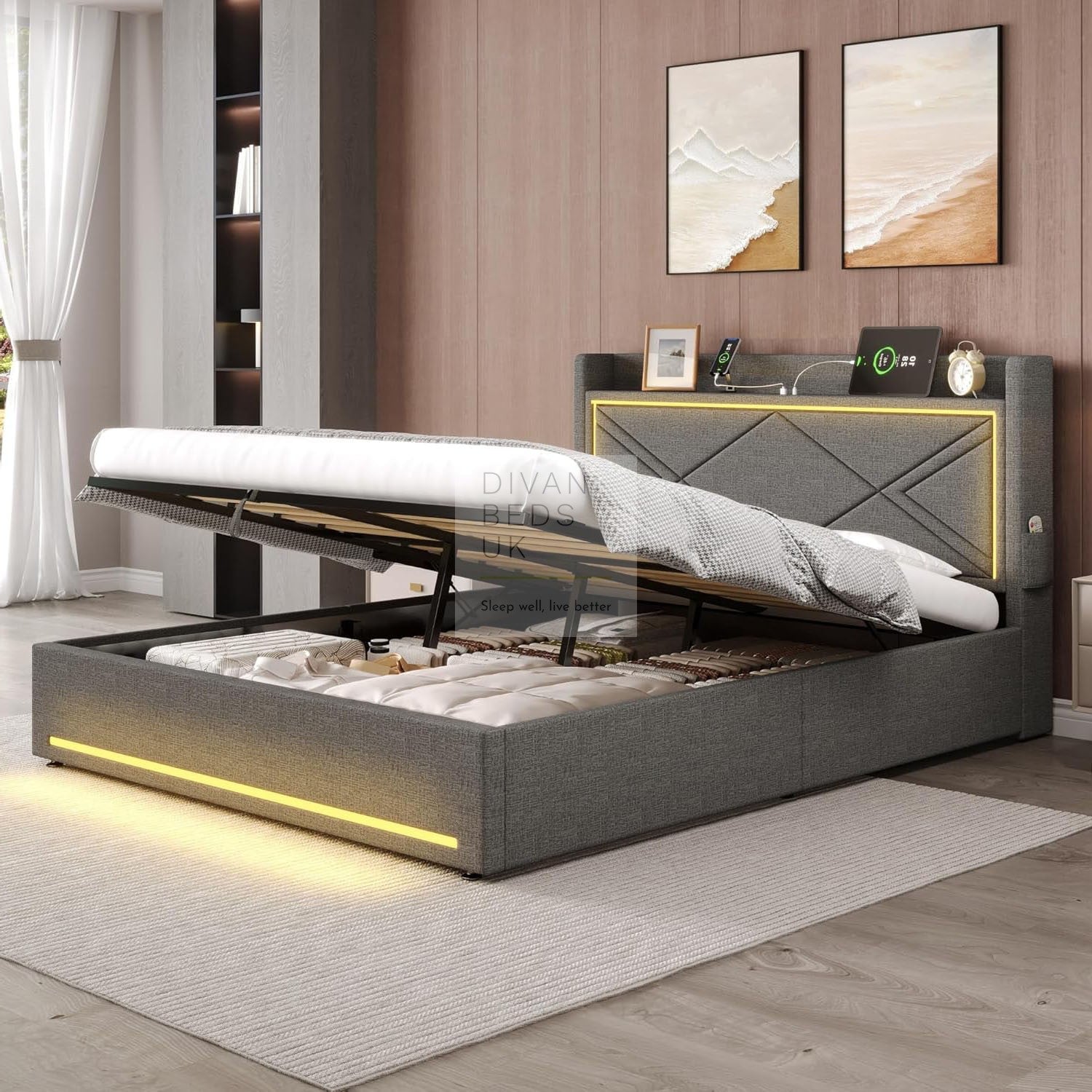 Montecelio Charcoal Grey Linen Ottoman Storage Bed with LED Lights, Ty ...