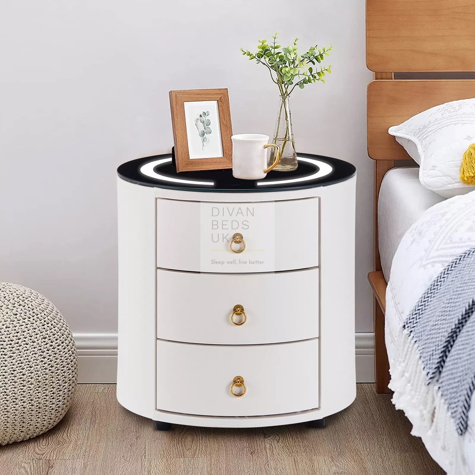 Adrastea Round 3 Drawer White Leather Smart LED Bedside Table with Wir ...