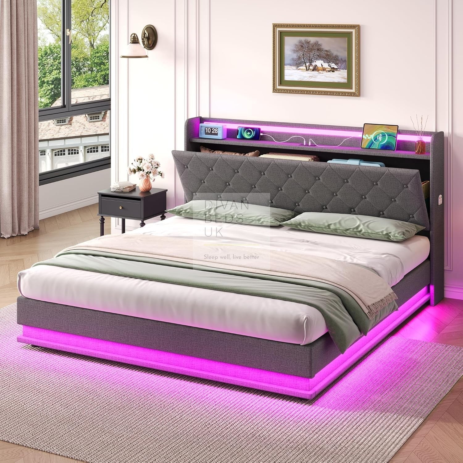 Castello Grey Linen Ottoman Storage Bed with LED Lights, Type C and US ...