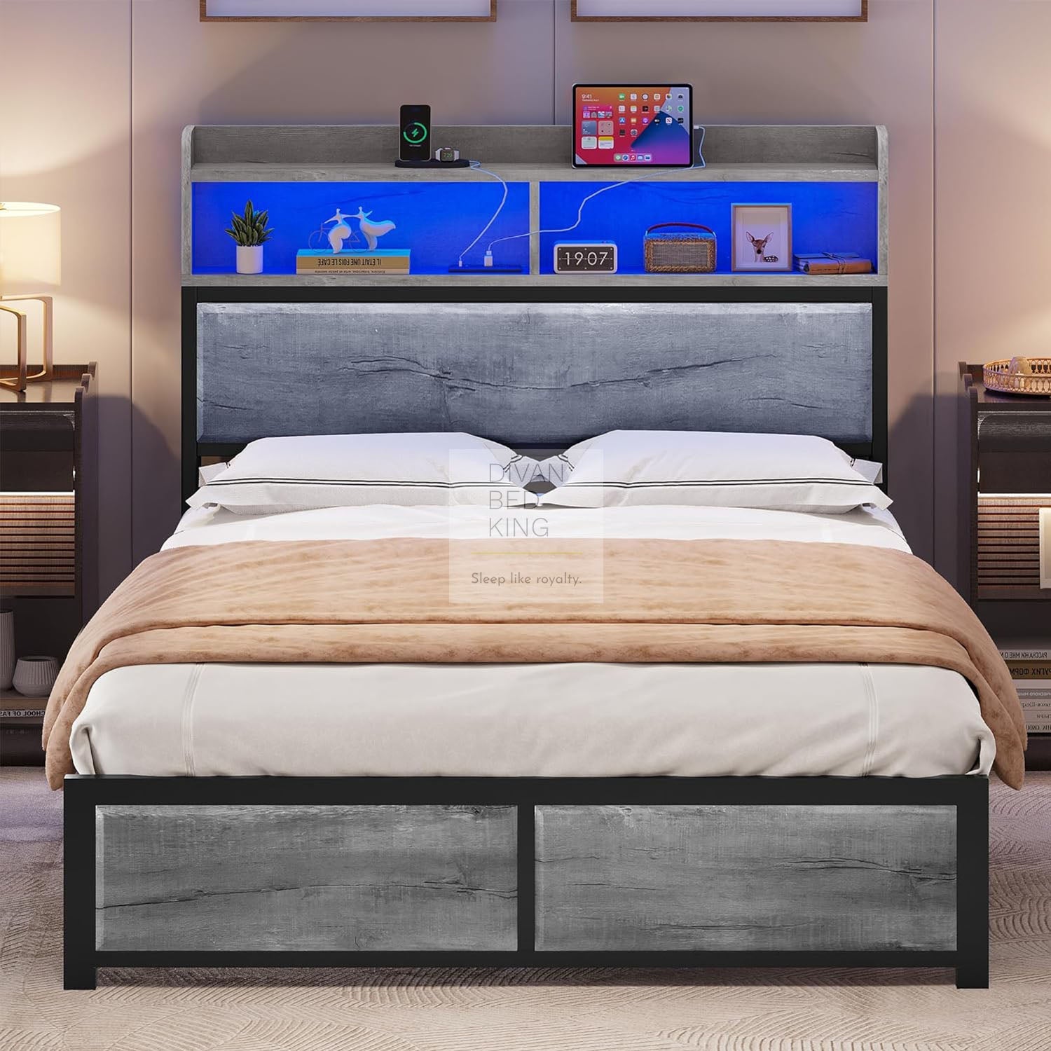 Henry Metal Grey Divan Bed with LED Headboard, Shelves, Sockets and US ...