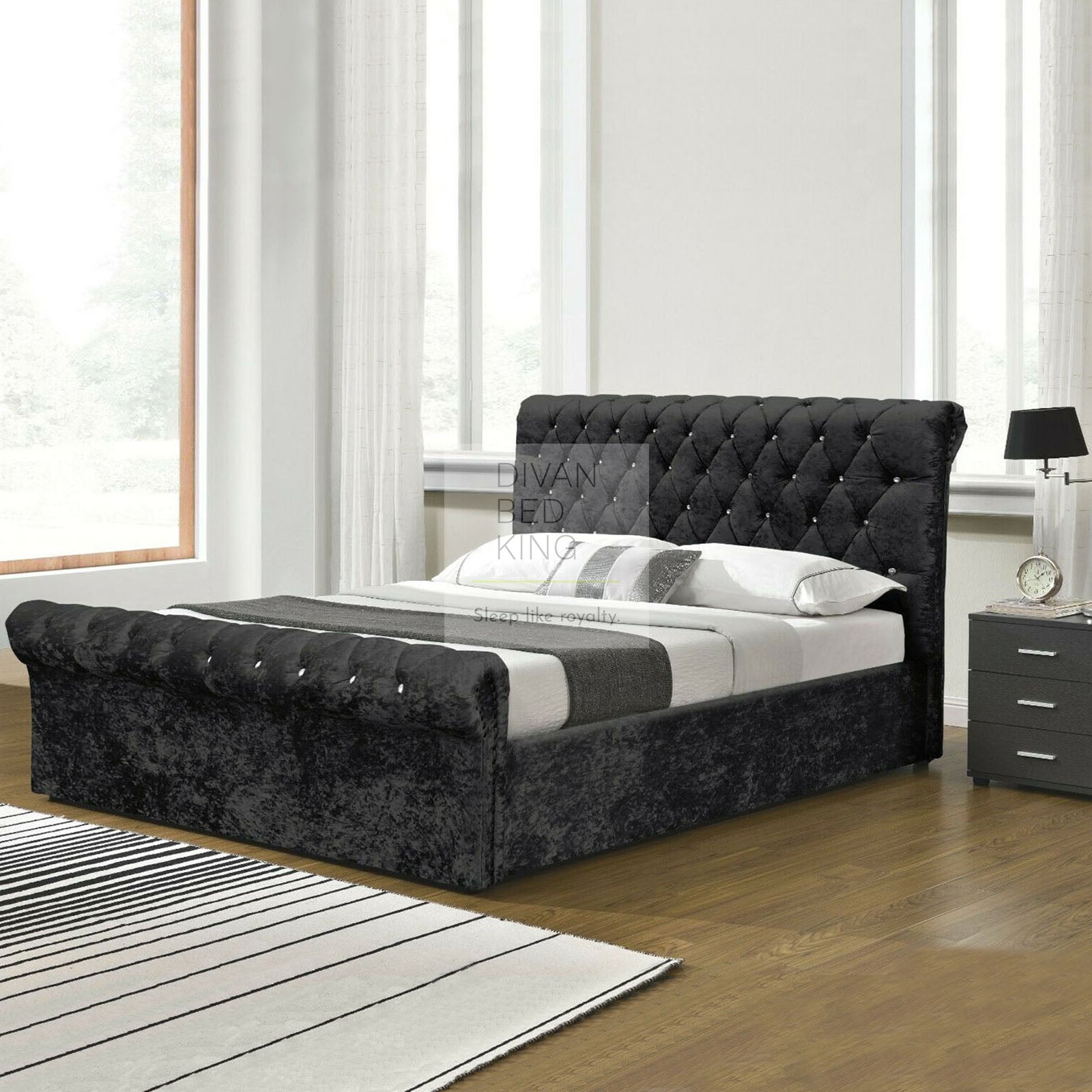 Avernus Crushed Velvet Ottoman Scroll Sleigh Bed Frame – Divan Beds UK