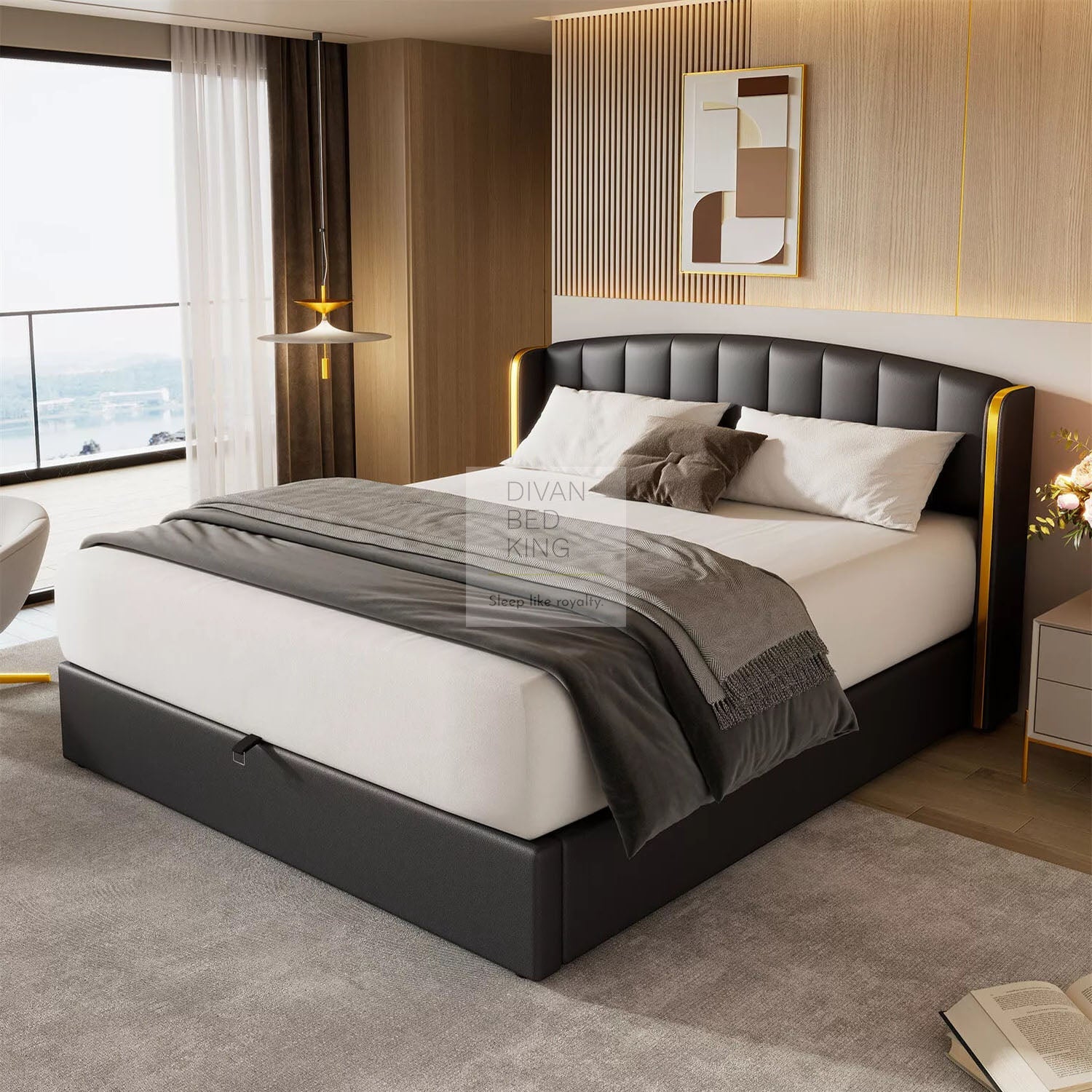 Emiliano Wingback Black Leather Italian Design Ottoman Bed – Divan Beds UK