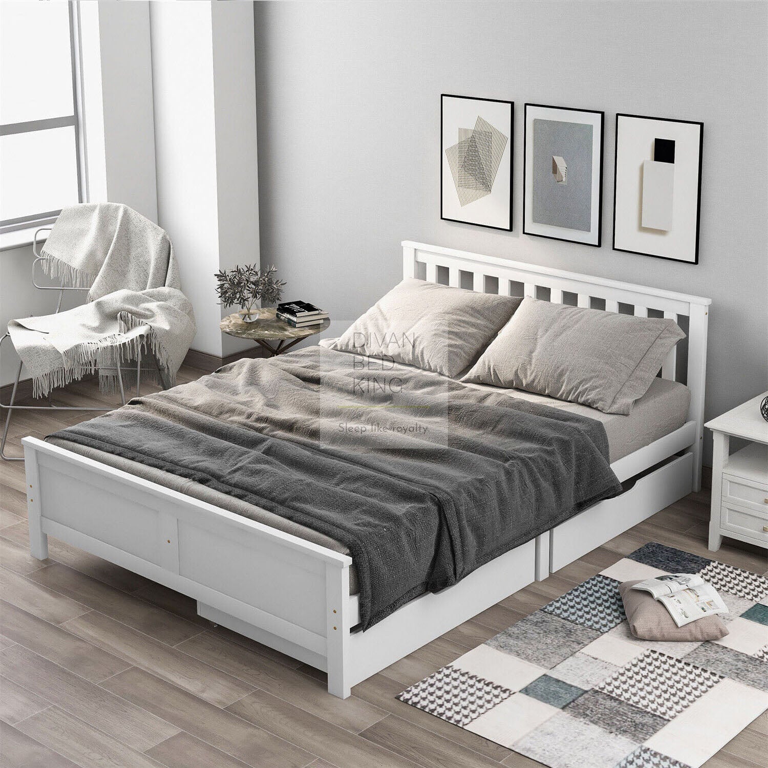 White wood queen bed store