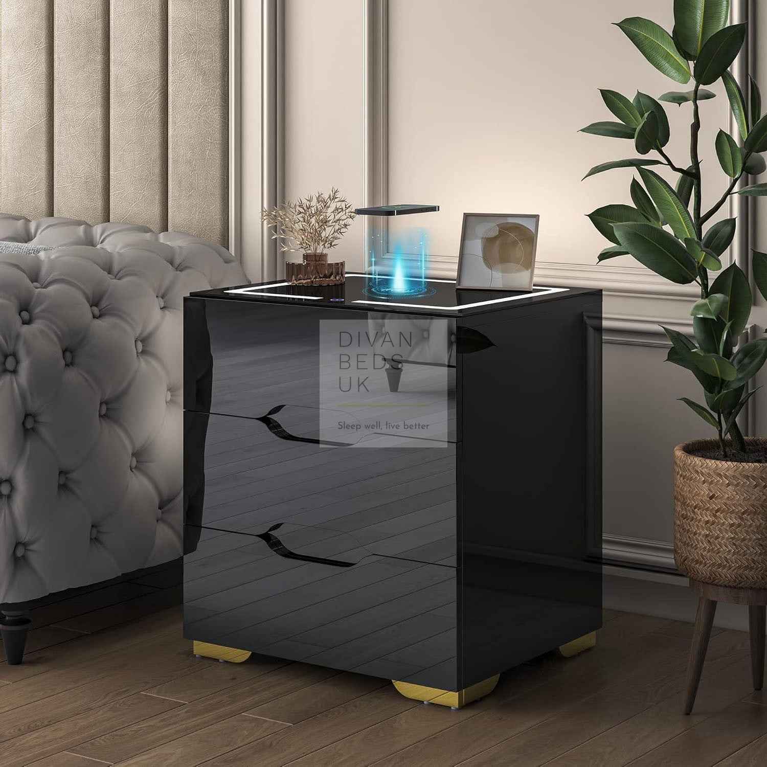Barrera 3 Drawer Black High Gloss Smart LED Bedside Table with USB and ...