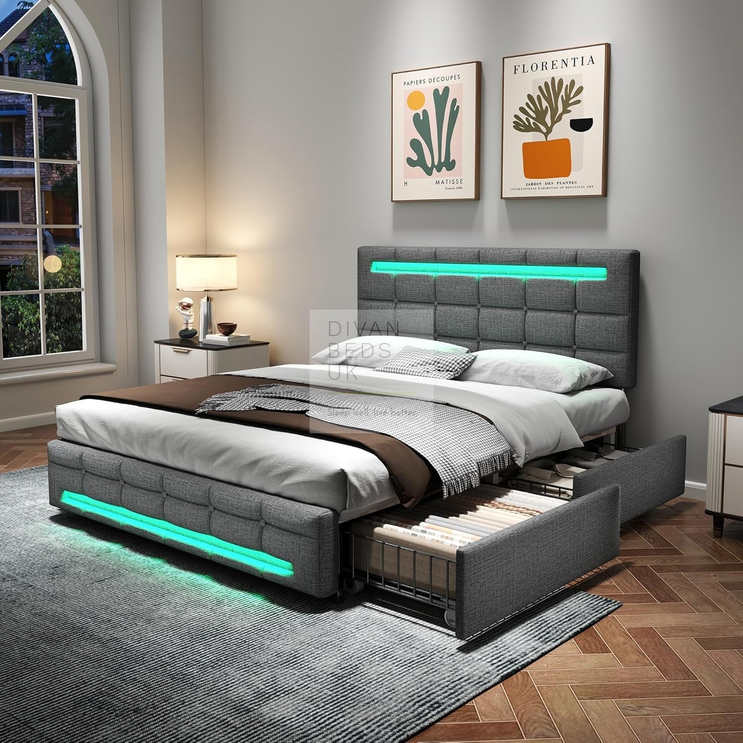 Rogelio 4 Drawer Storage Grey Charcoal Linen Smart Bed with LED Lights ...