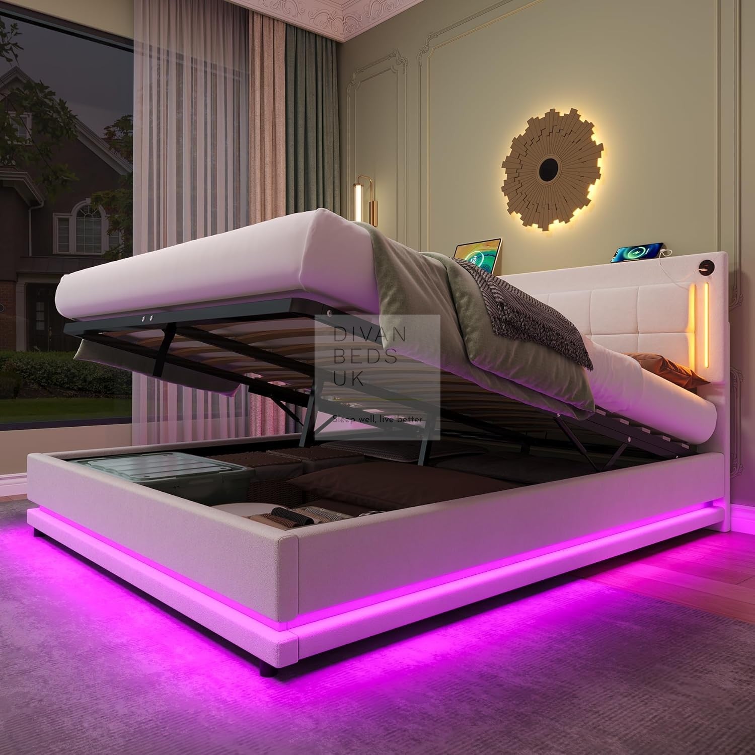 Varese Beige Velvet Ottoman Storage Smart Bed with LED Lighting, Type ...