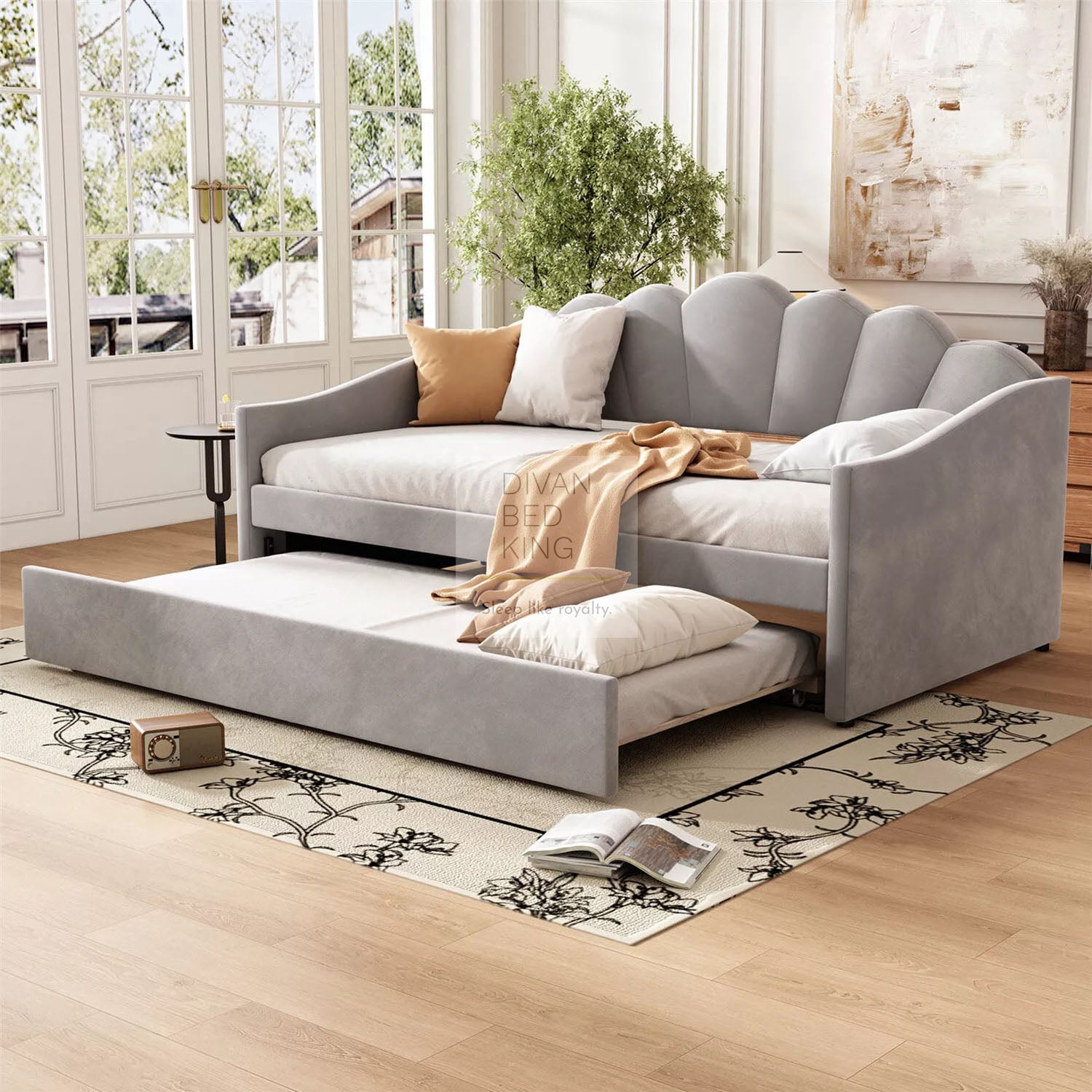 Giovanni Grey Plush Velvet 3 Seater Daybed Sofa Bed Trundle Guest ...